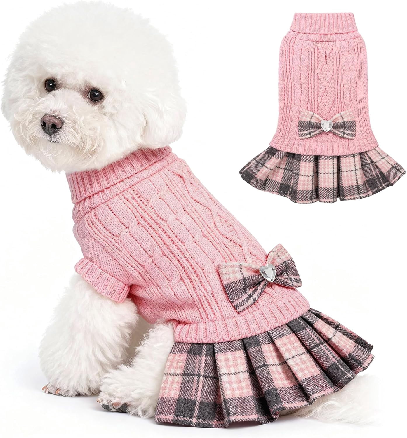 Girl Dog Sweater Dress with Bowtie Turtleneck Small Dogs Sweater with ...