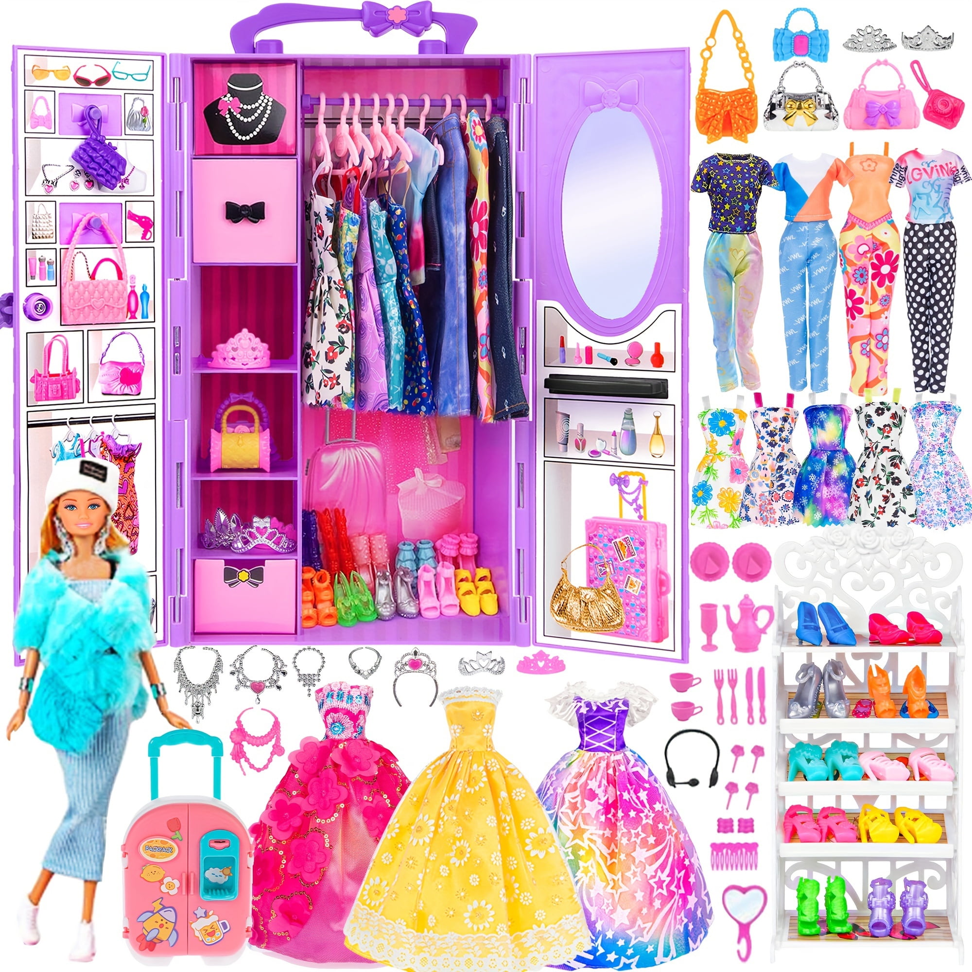 Girl Doll Closet Wardrobe With Clothes And Accessories Including One ...