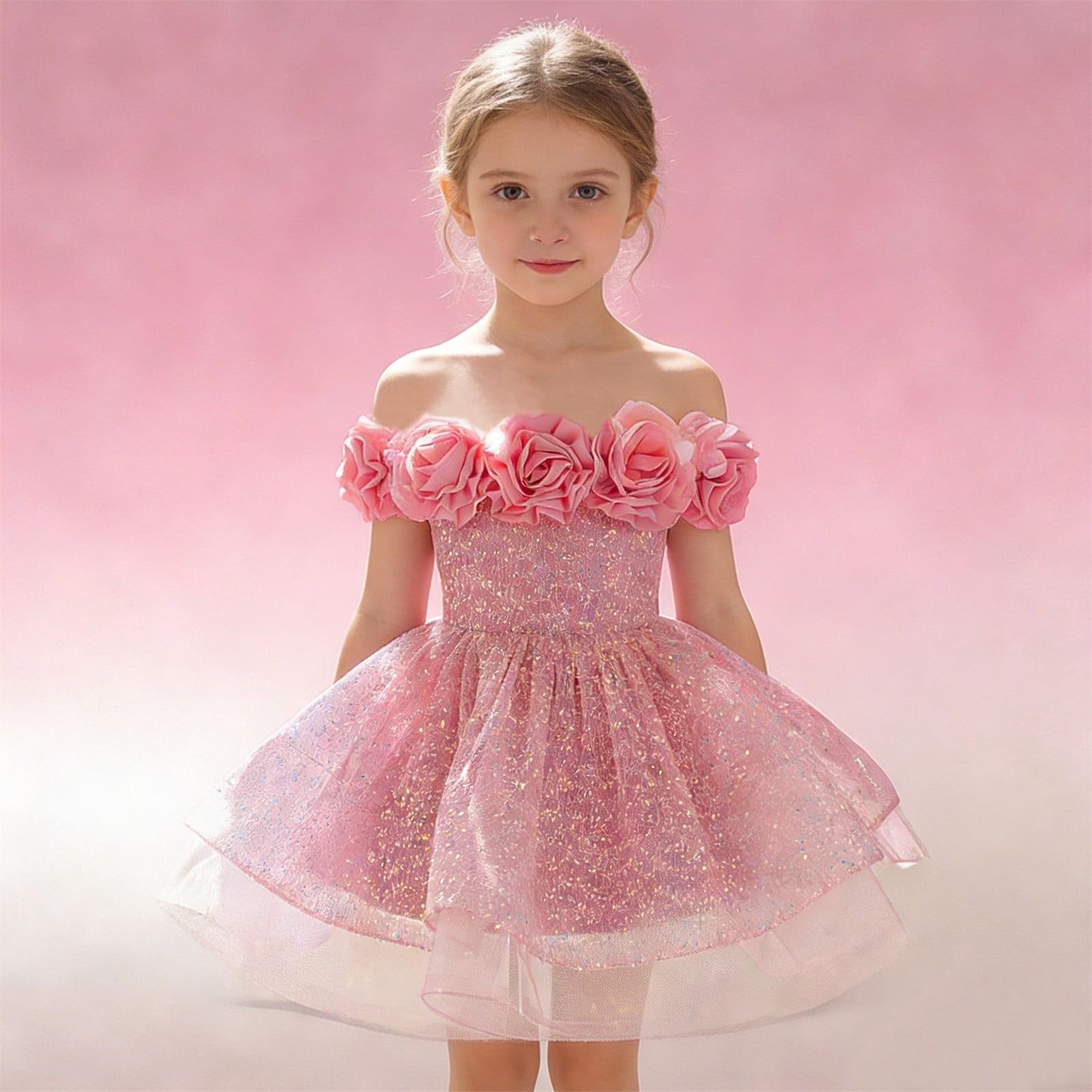 Girl Dress Size 4-5Y Kids Off Shoulder Sequin Appliques Sleeveless ...