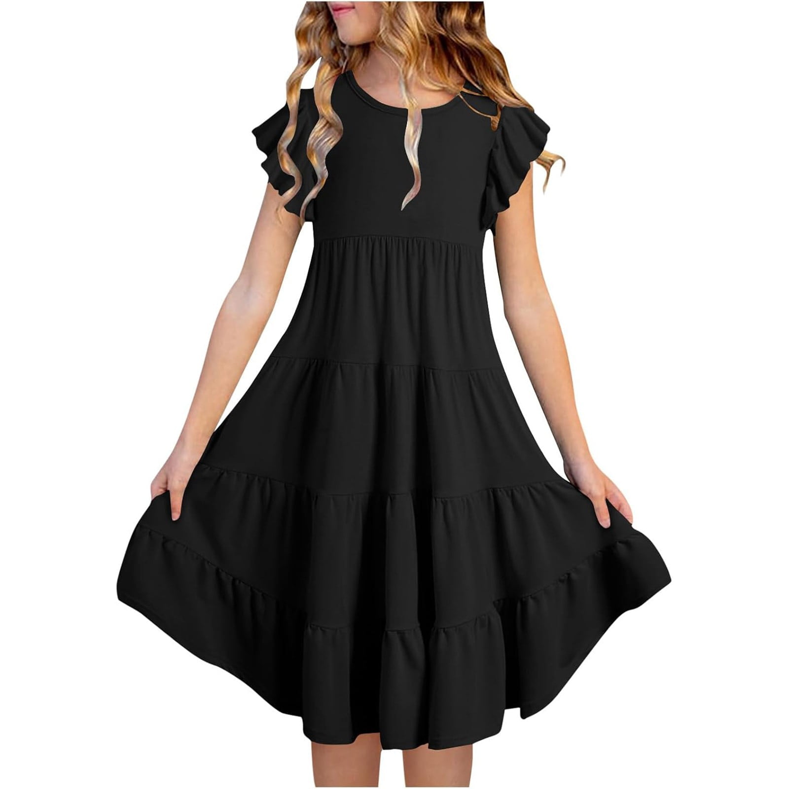 Girl Dresses Flutter Fly Sleeve Solid A Line Casual Pockets Midi ...