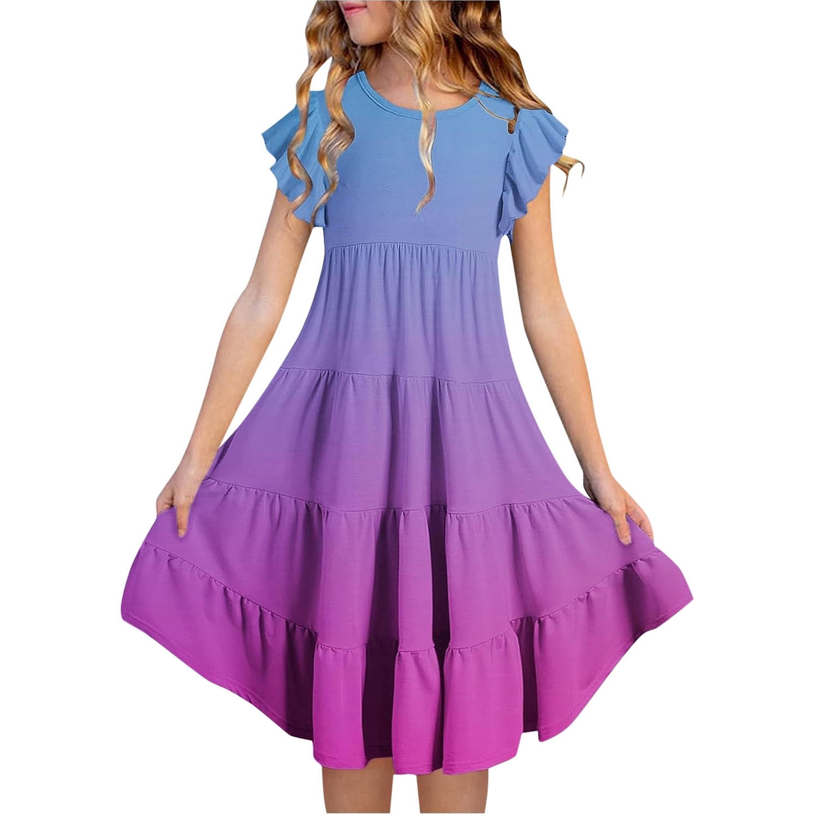 Girl Dresses Size 7-8 Round Neck Layer Flutter Sleeve Trendy Gradient ...