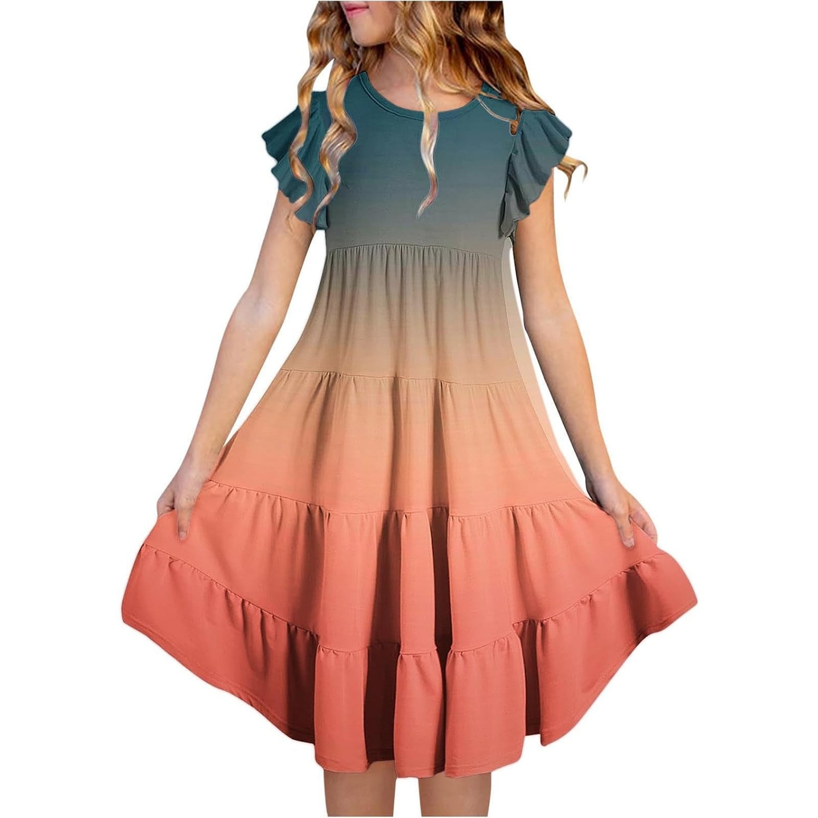 Girl Dresses Summer Gradient Round Neck Flutter Sleeve Tiered A Line ...