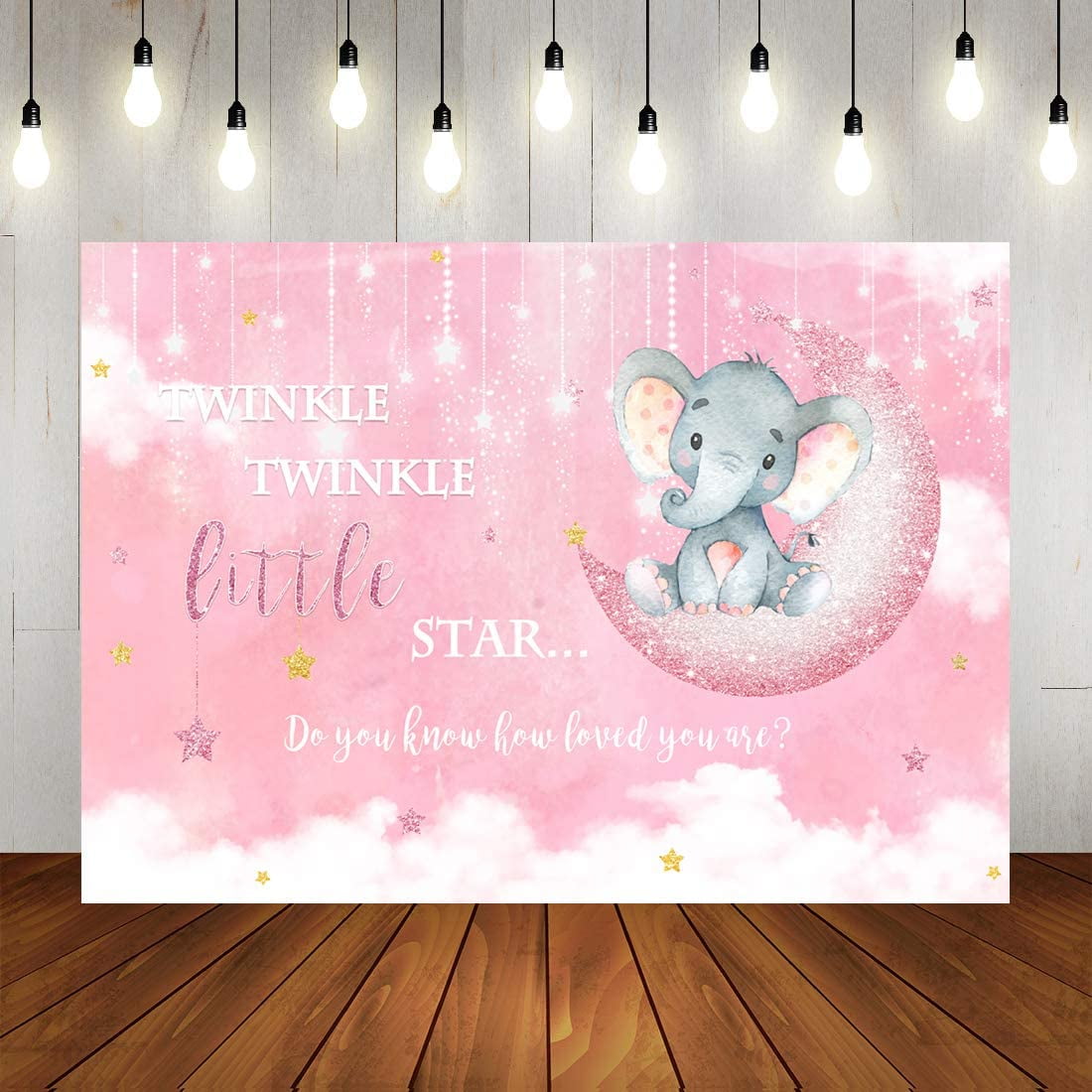 Girl Elephant Backdrop Twinkle Twinkle Little Star Baby Shower Background Pink Elephant Baby ...