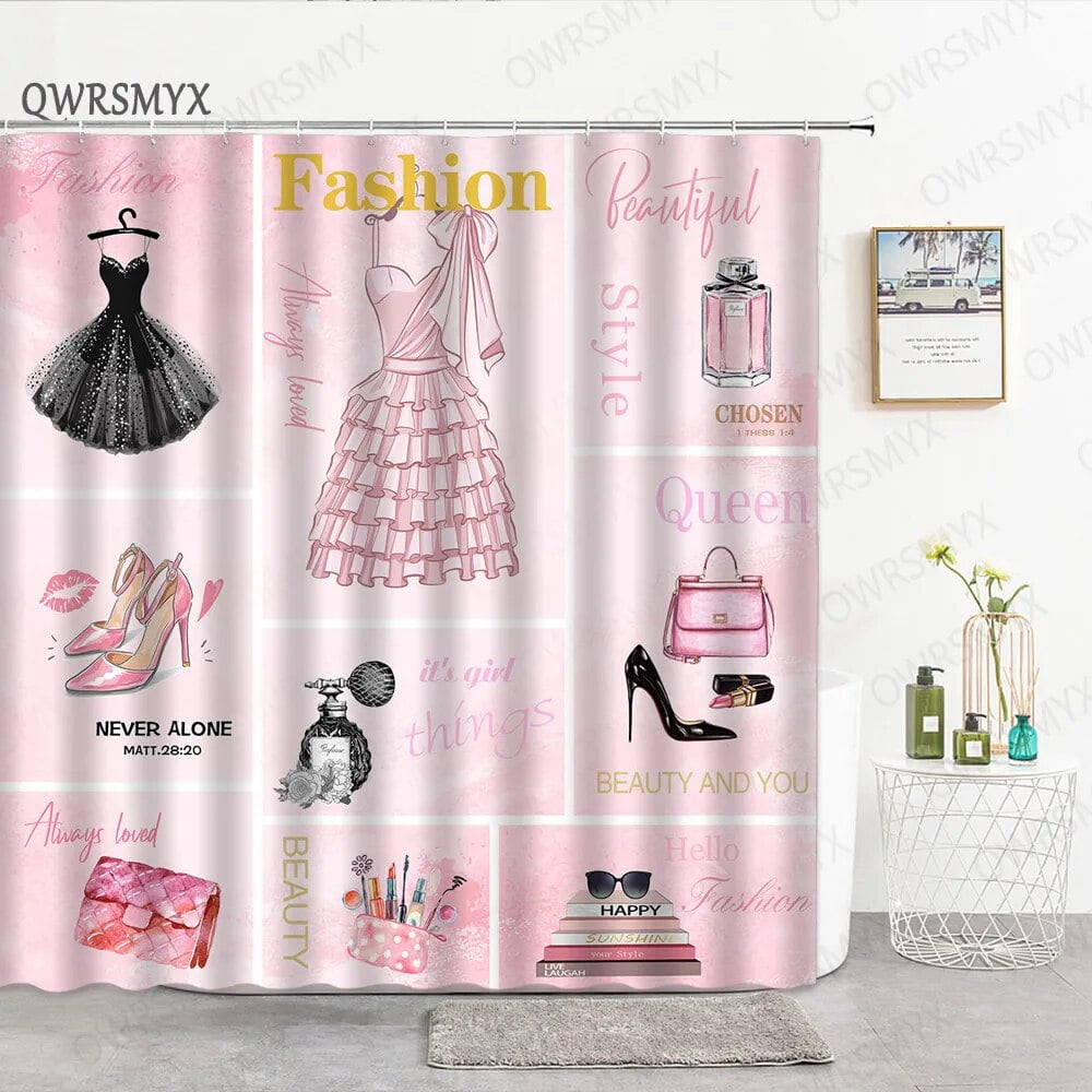 Girl Fashion Perfume Shower Curtains Bottle Printed Sexy Red Lips