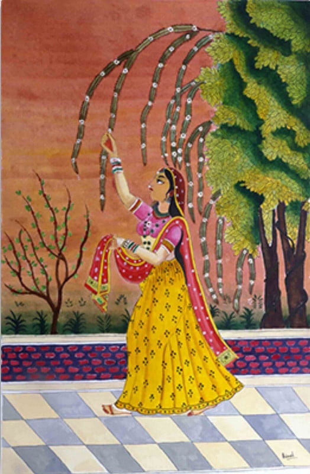 Girl Fetching Flowers, Rajasthani Style Painting, Limited Edition A2 ...