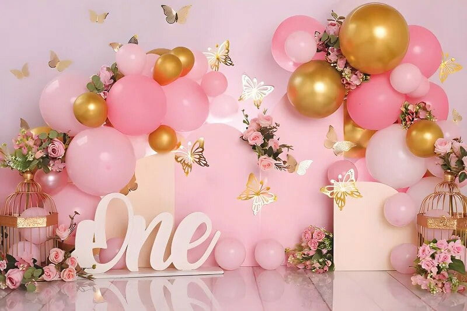 Girl First Birthday Party Backdrop Sweet Pink Balloons Bohemian Scene ...