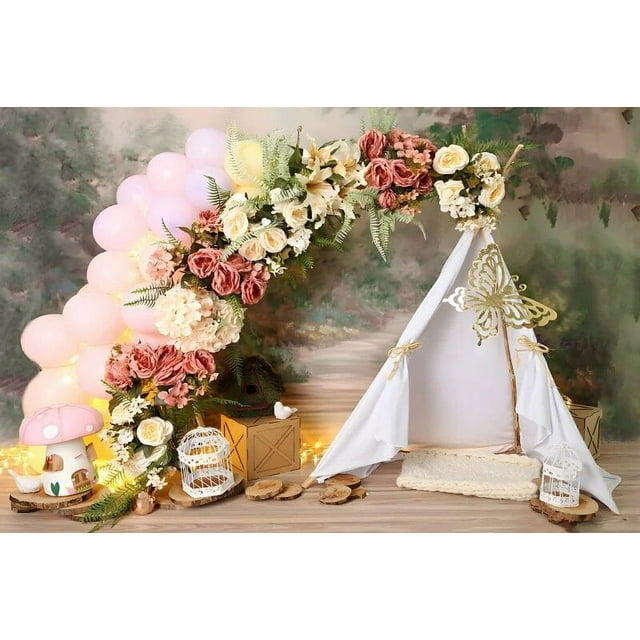 Girl First Birthday Party Backdrop Sweet Pink Balloons Bohemian Scene ...