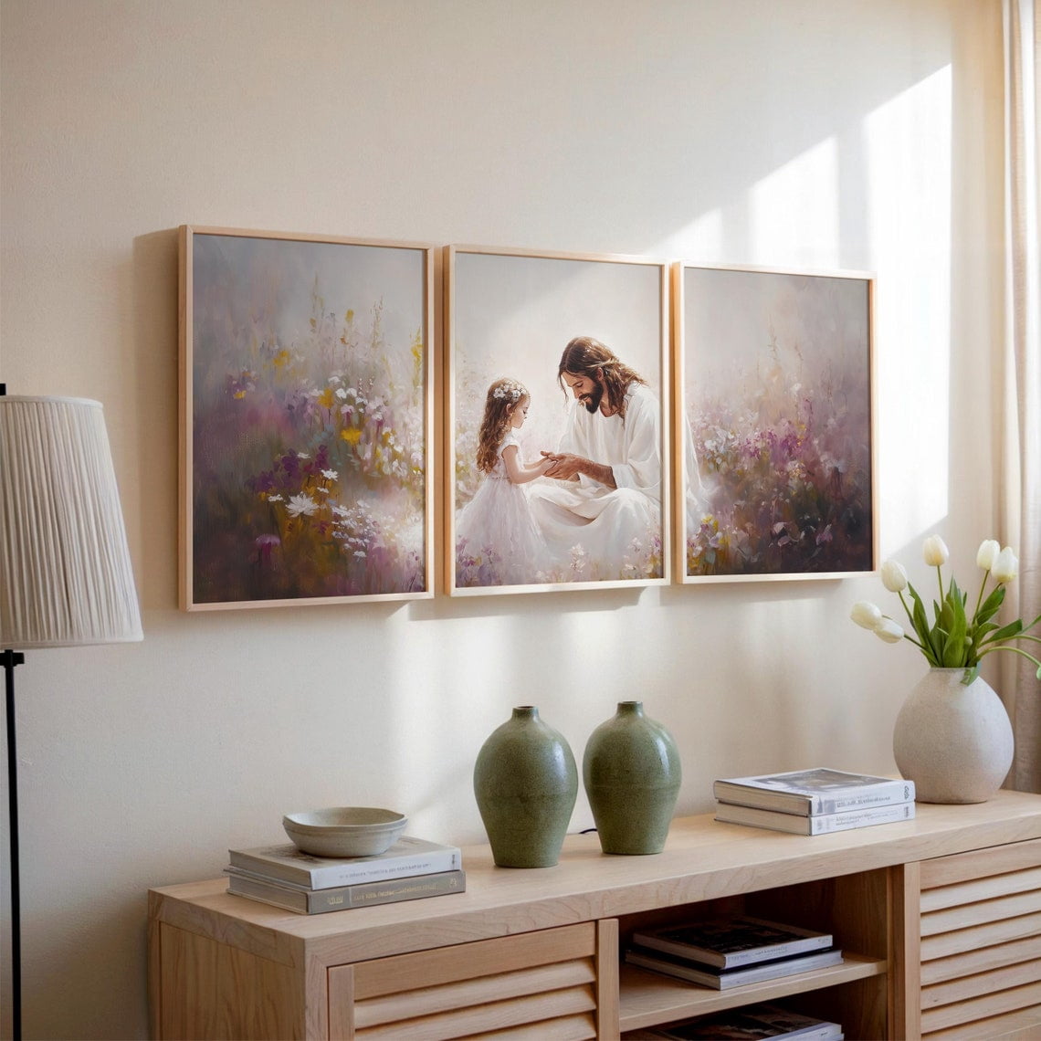 Girl Flower Field Prayer Sketch Wall Art Set 3 Stretched Canvas 12x18 ...