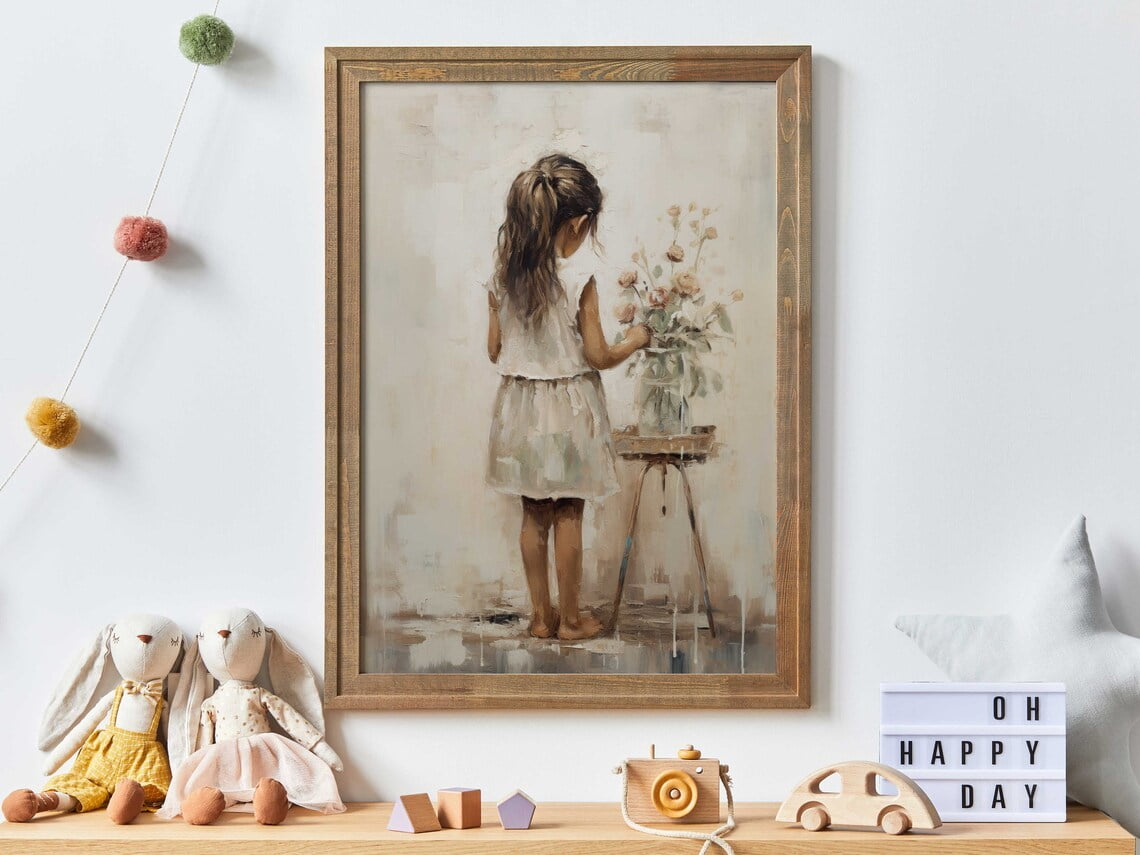 Girl And Flowers, Vintage Floral Girls Room Print, Girly Wall Art Print ...