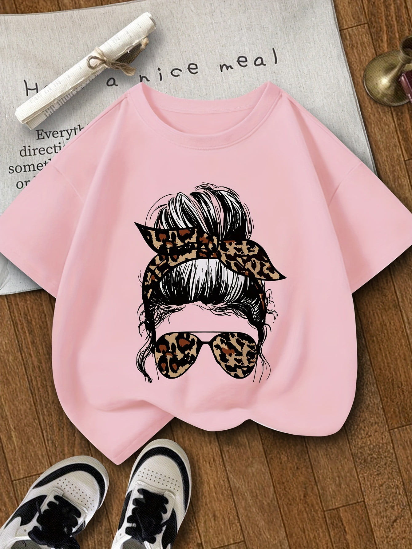 Girl with Glasses and Leopard Print Graphic Tee - Soft, Stretchy, Round ...