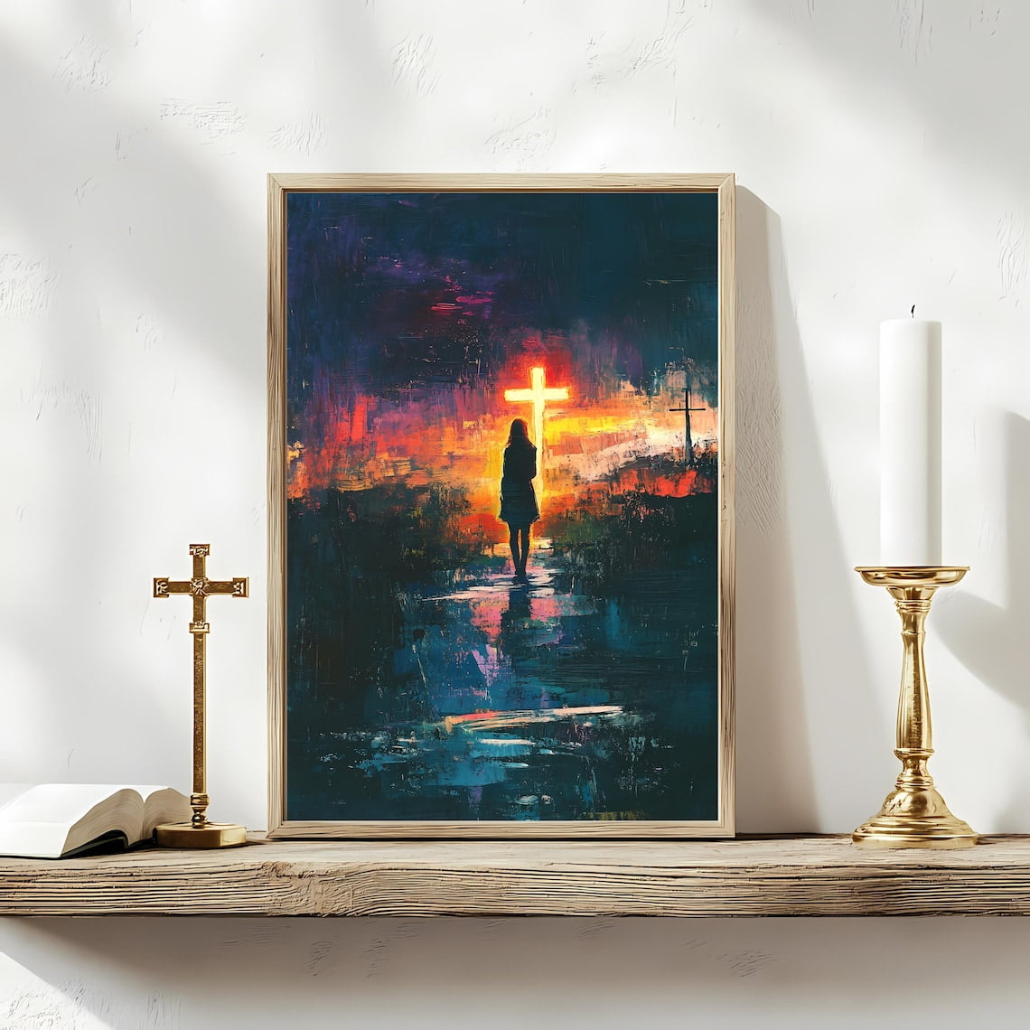 Girl At The Glowing Cross, Christian Sunset Painting, Repentance Wall ...