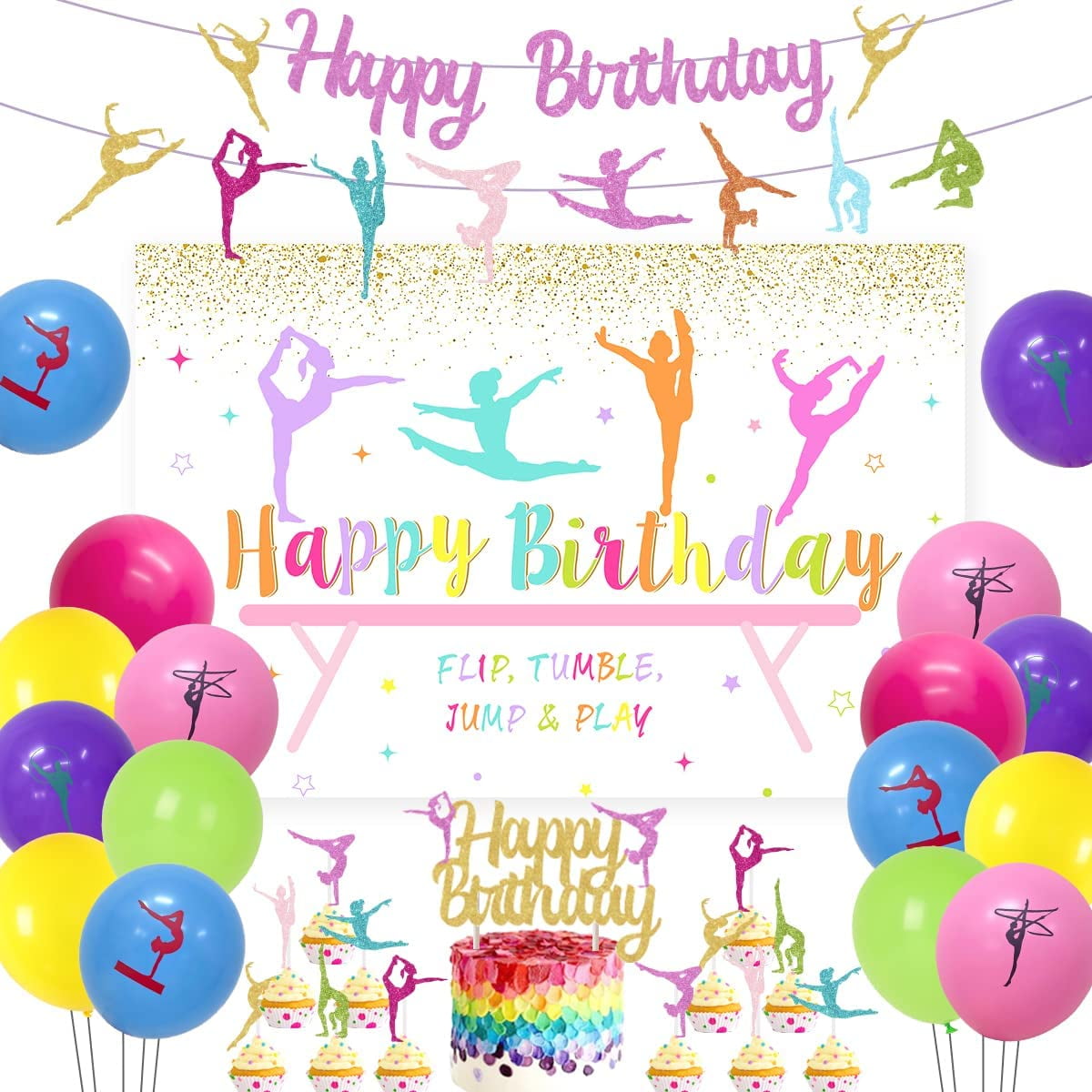 Gymnastics Birthday Party Decor Supplies: Balloons, Glitter Banner ...