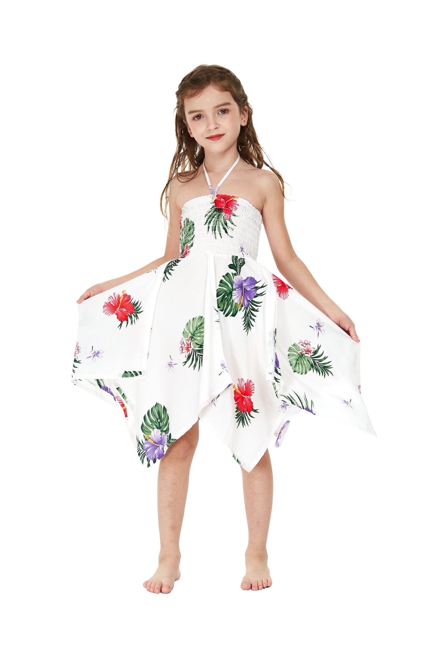 Girl Gypsy Uneven Bottom Hawaiian Luau Dress in Pretty Tropical White ...