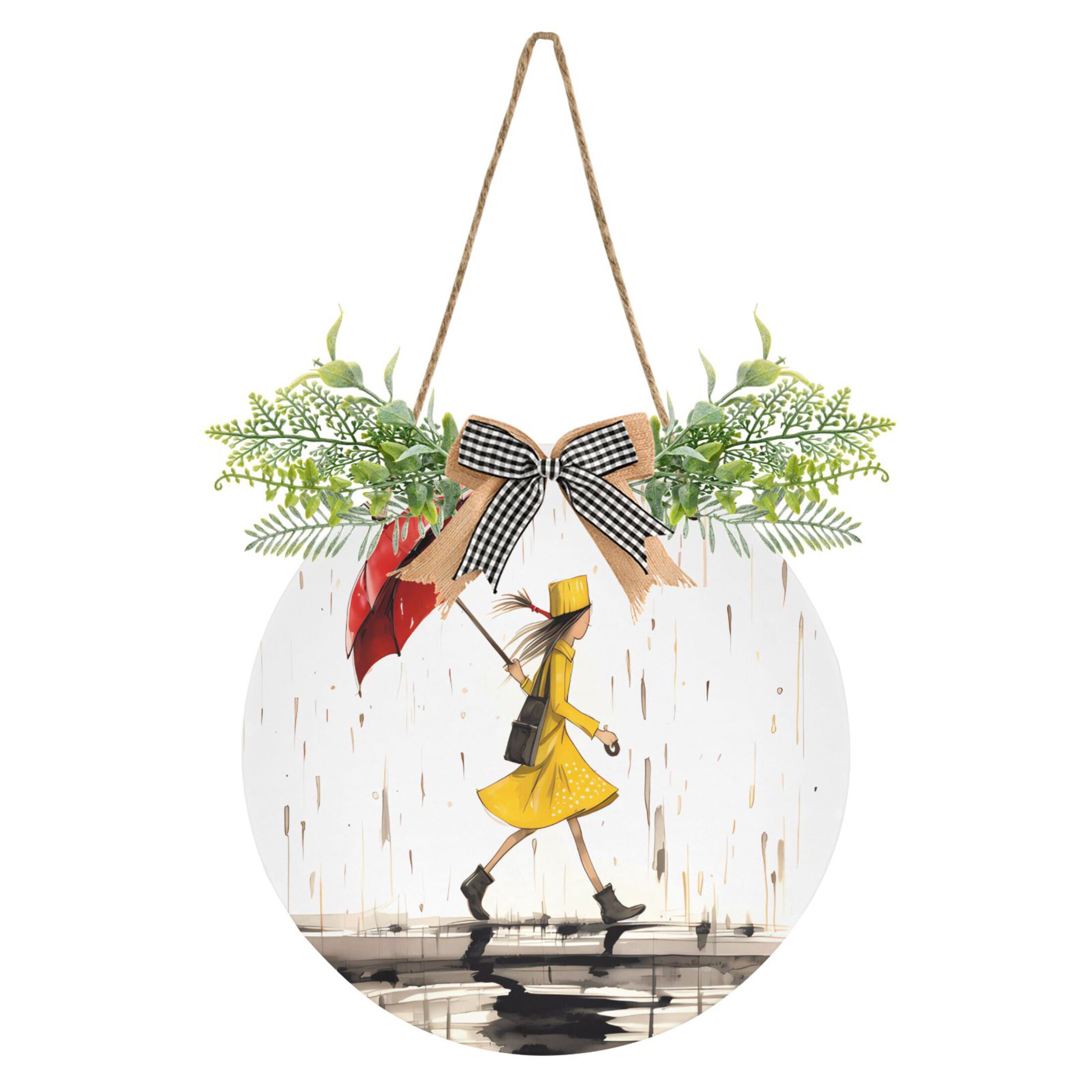 Girl Hold Umbrella in Rain Welcome Front Door Sign Round 12 inch Porch ...