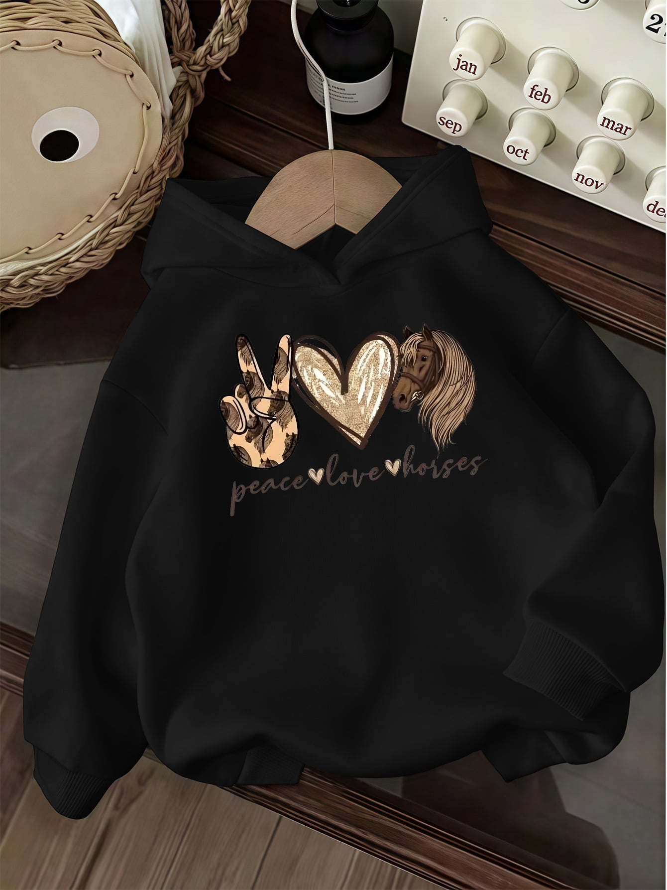Girl Hooded Sweatshirt with Horse & Heart Print - Soft Polyester Casual ...