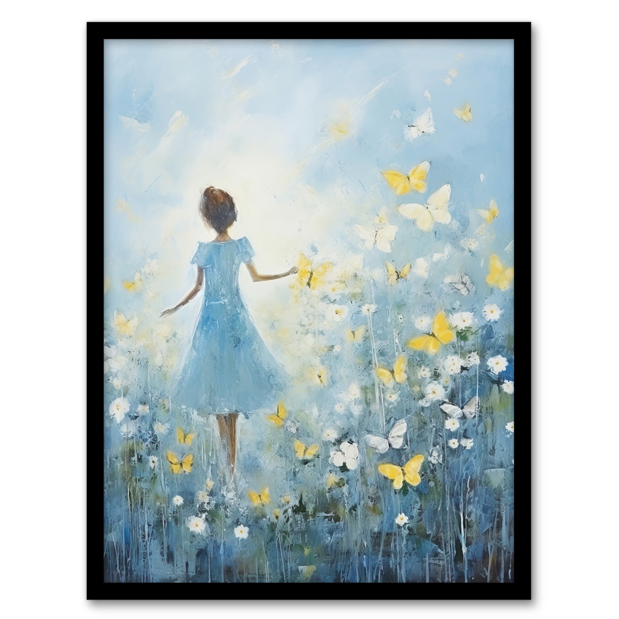 Girl In Wildflower Meadow Oil Painting Soft Blue Yellow Butterflies ...