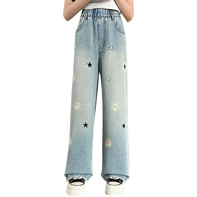 Girl Jeans Embroidered Jeans Baggy Jeans Kids Straight Leg Jeans with ...