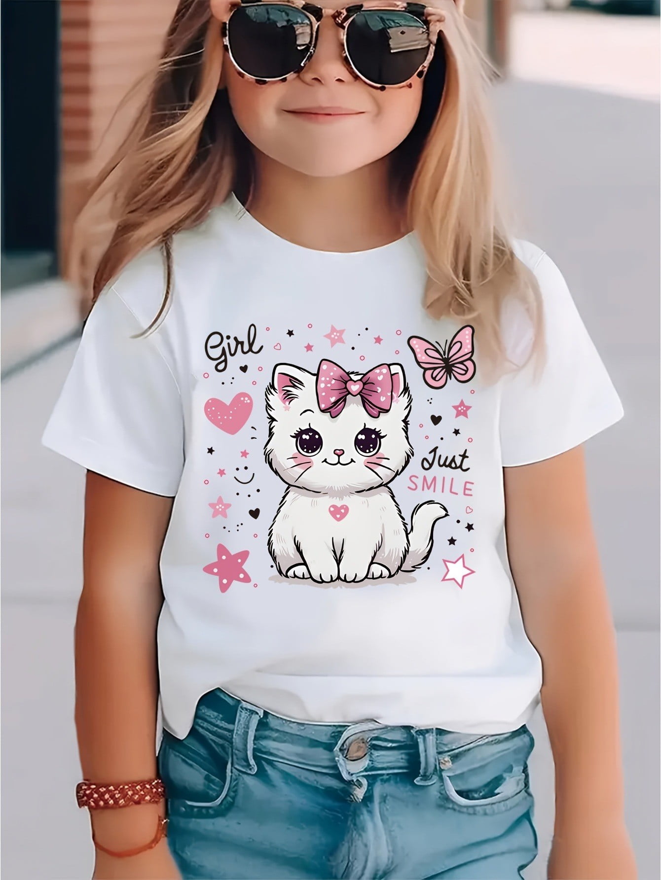 Girl Just Smile" Cute White Kitten Graphic Tee for Girls - Soft Cotton ...
