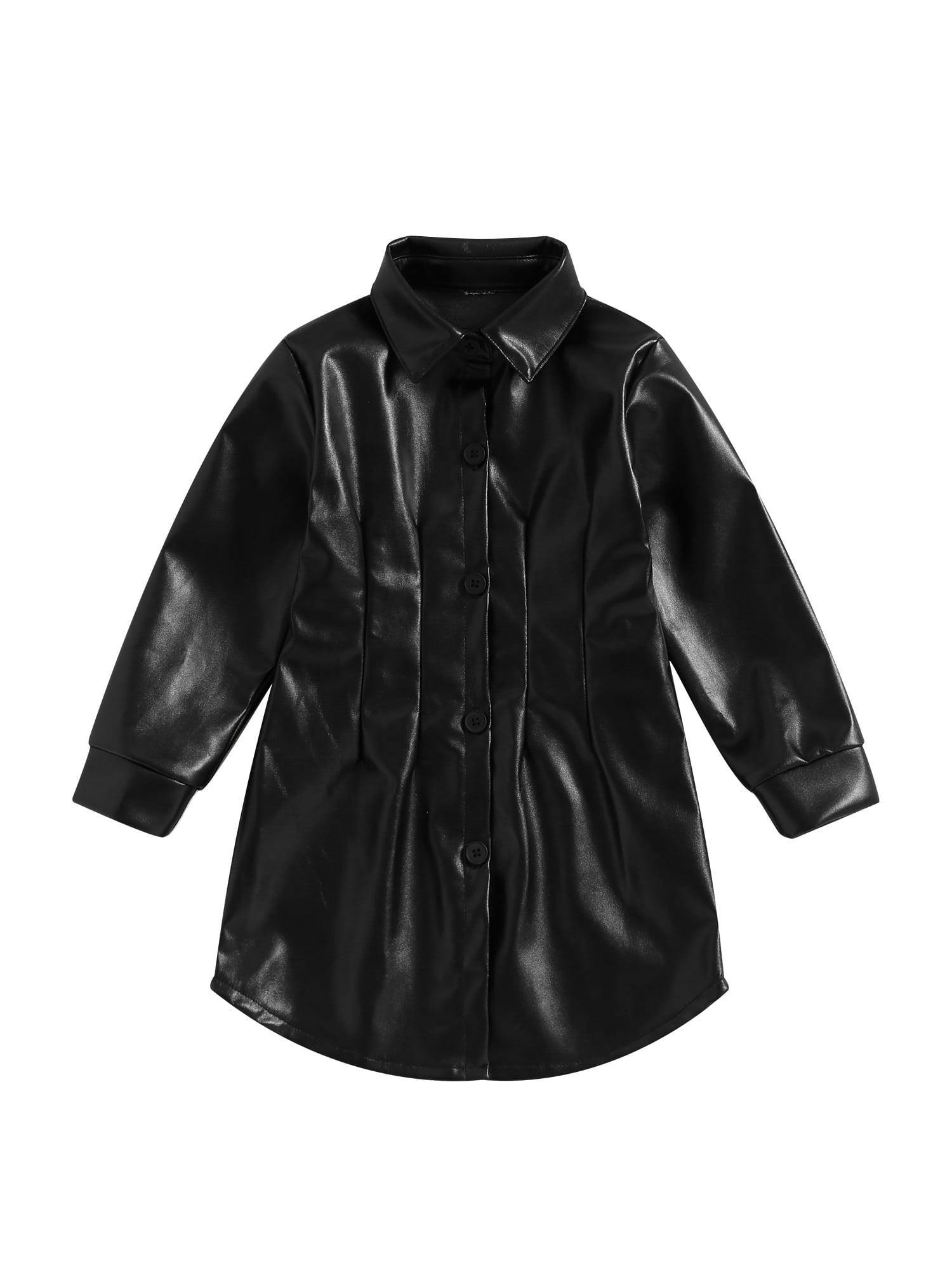 Girl Leather Shirt Dress Solid Long Sleeve Turn Down Collar Dress