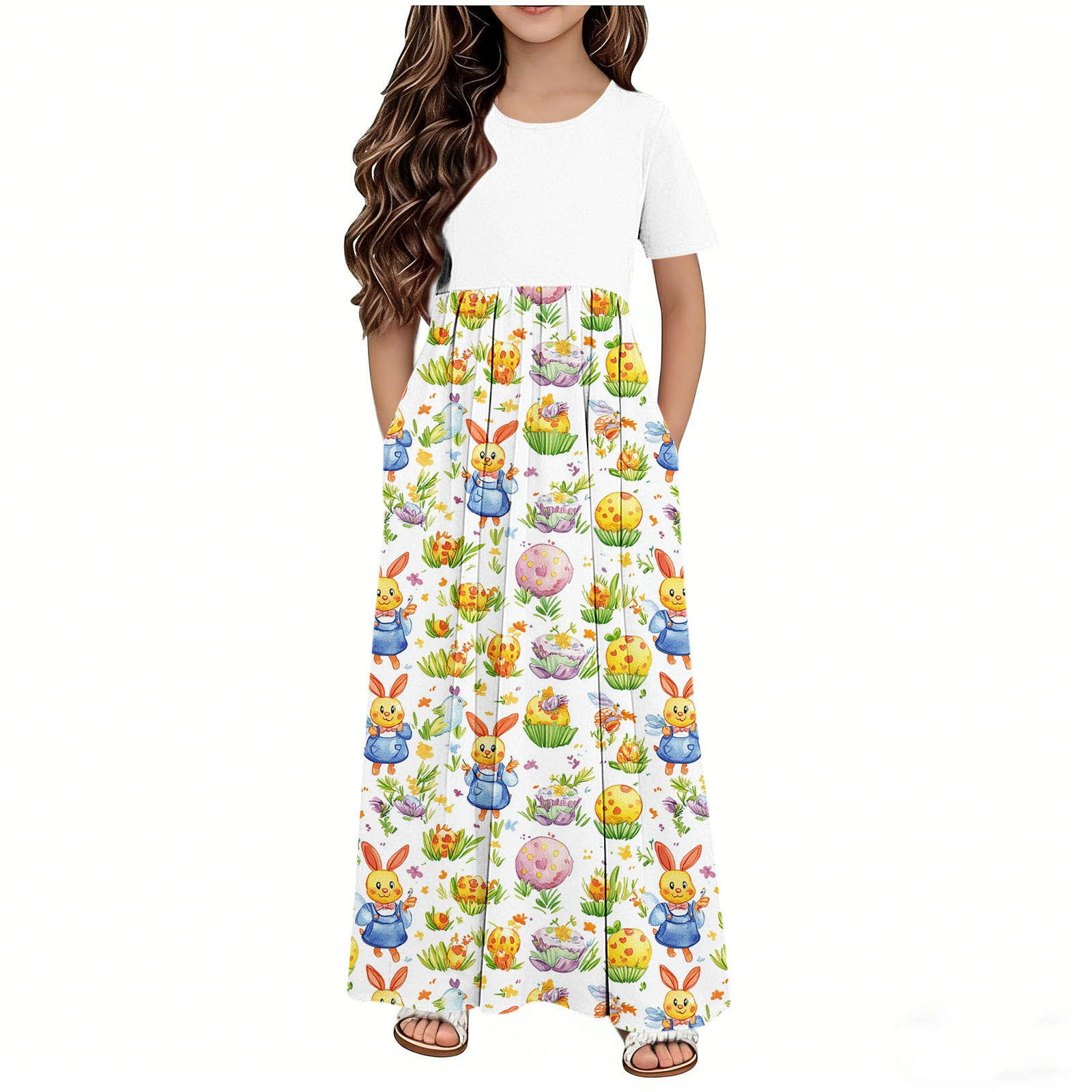 Girl Long Dress 2026 Easter Printed Crewneck Short Sleeve Maxi Dresses ...