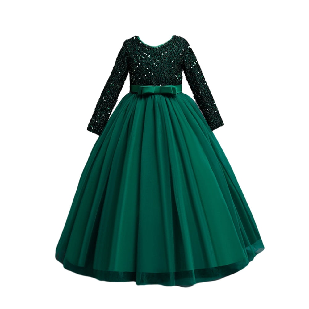 Girl Long Gown Dress Sparkle Sequins Kids Wedding Bridesmaid Pageant ...