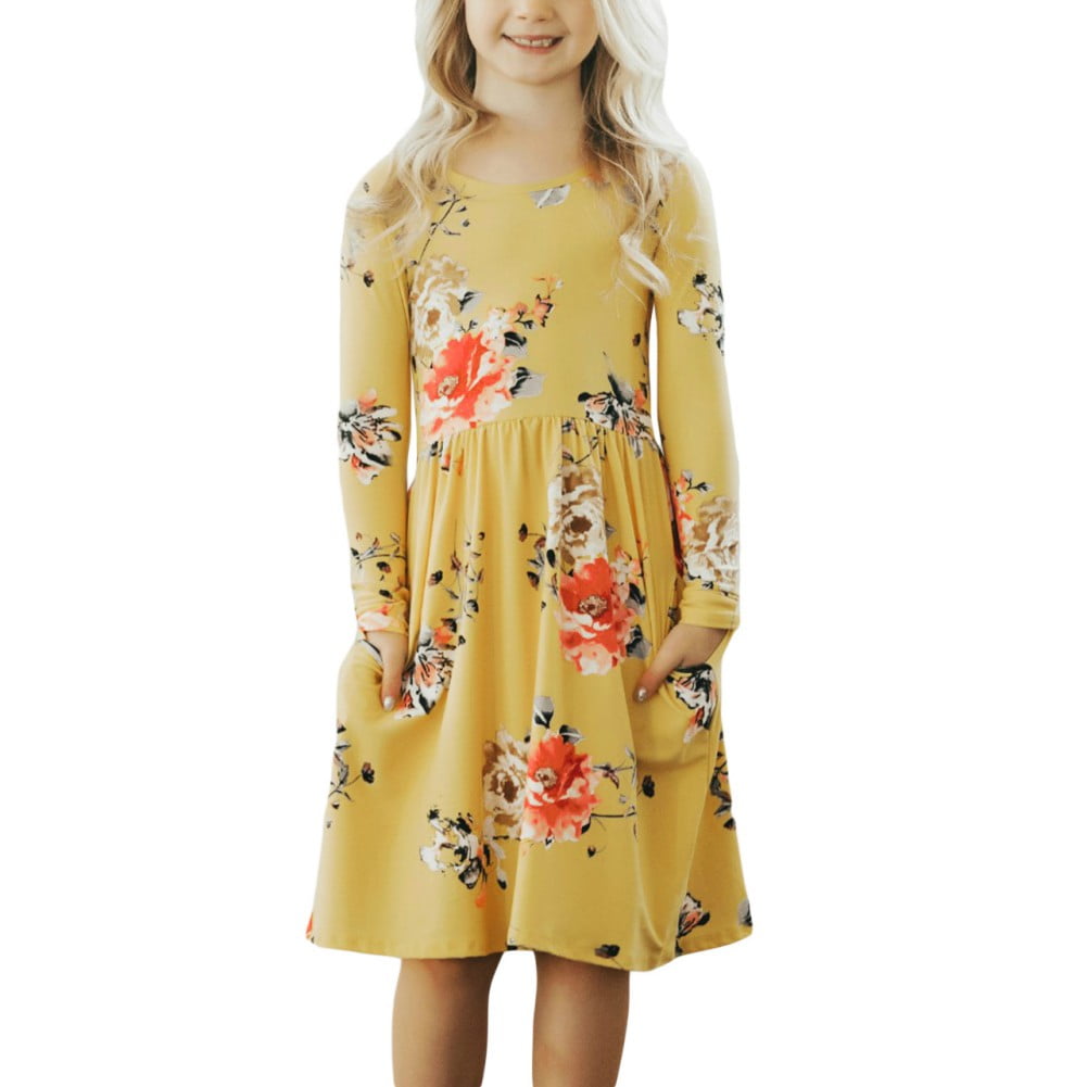 Girl Maxi Dress Cotton Floral Long Sleeve Dresses with Pockets，Princess ...