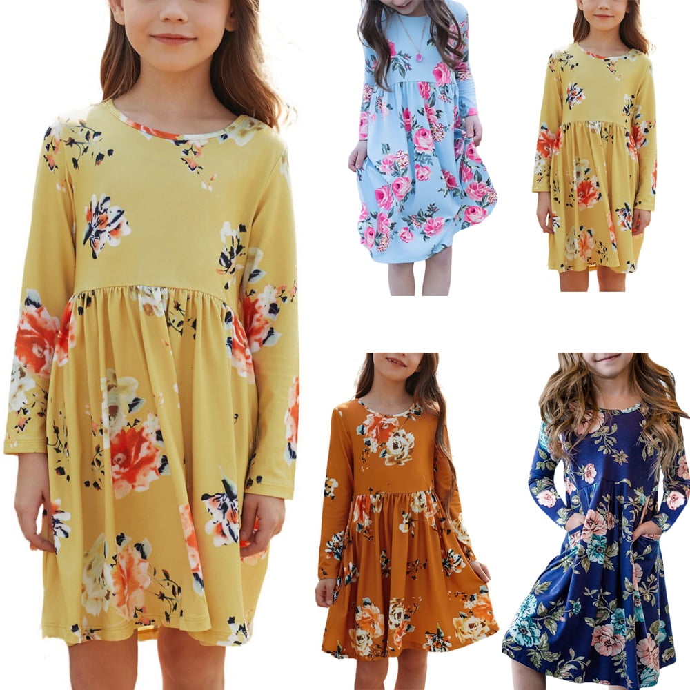 Girl Maxi Dress Cotton Floral Long Sleeve Dresses with Pockets，Princess ...