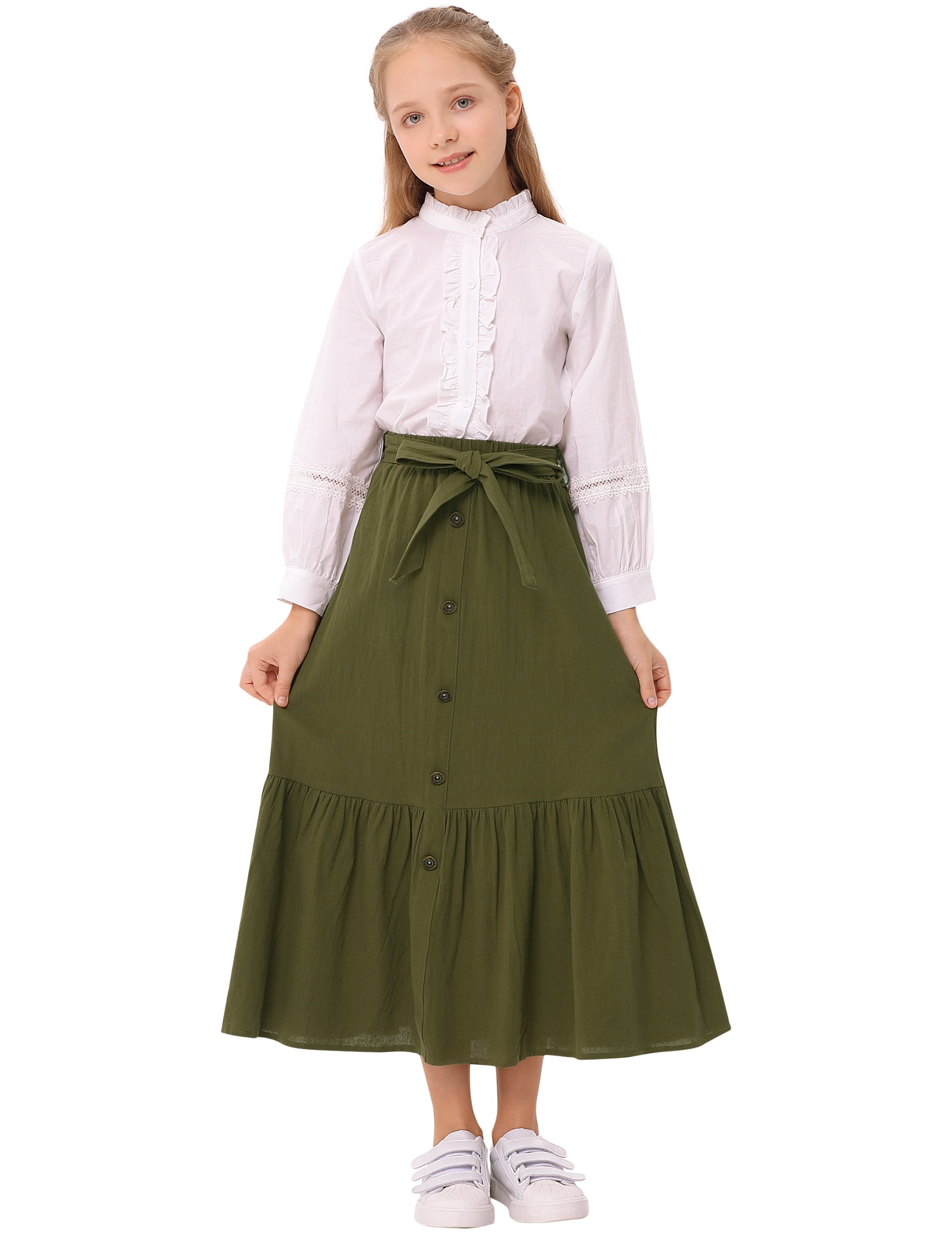 Girl Maxi Skirt High Waisted Long Skirt Ruffled A-Line Skirt with Belt ...