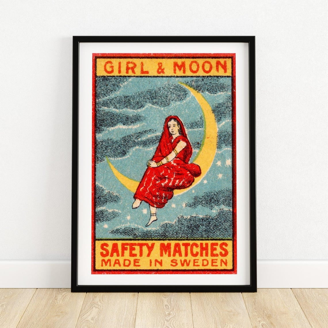 Girl & Moon Matchbox Art Print Vintage Swedish Design Collectible Wall ...