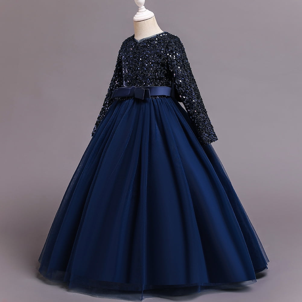 Girl Navy Blue Gown Dress with Sleeves and Rhinestone for wedding ...