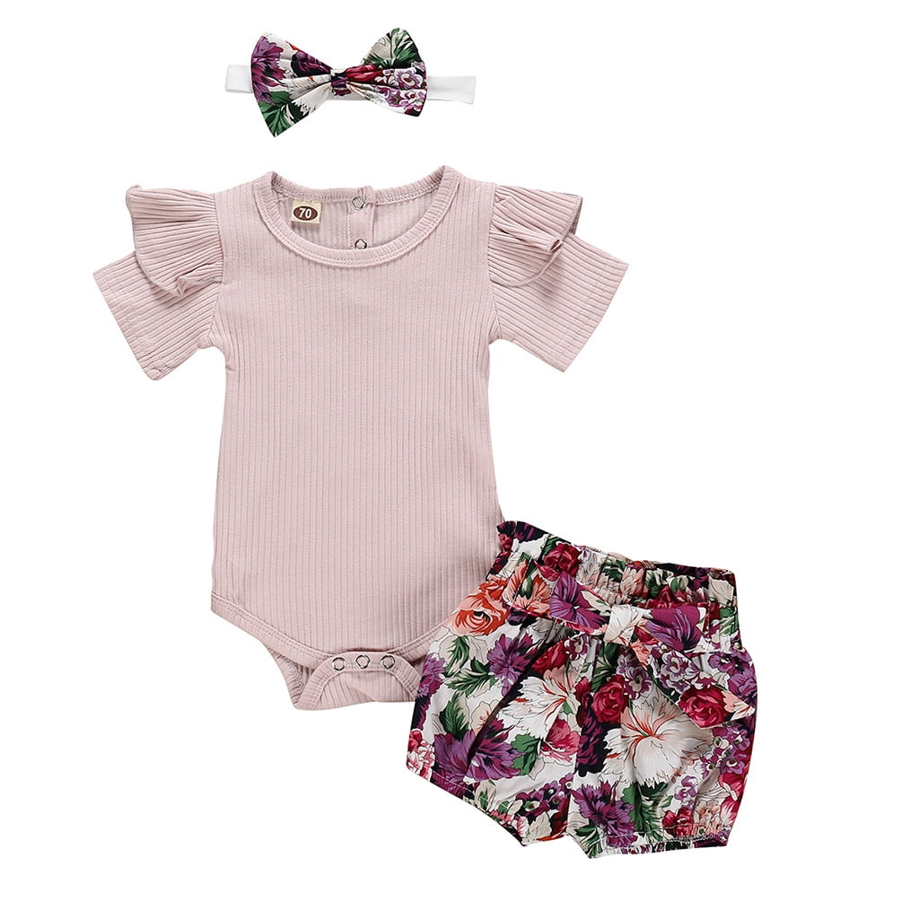 Girl Outfits Clothes Set Kids Romper Bodysuit Flower Print Shorts Set ...