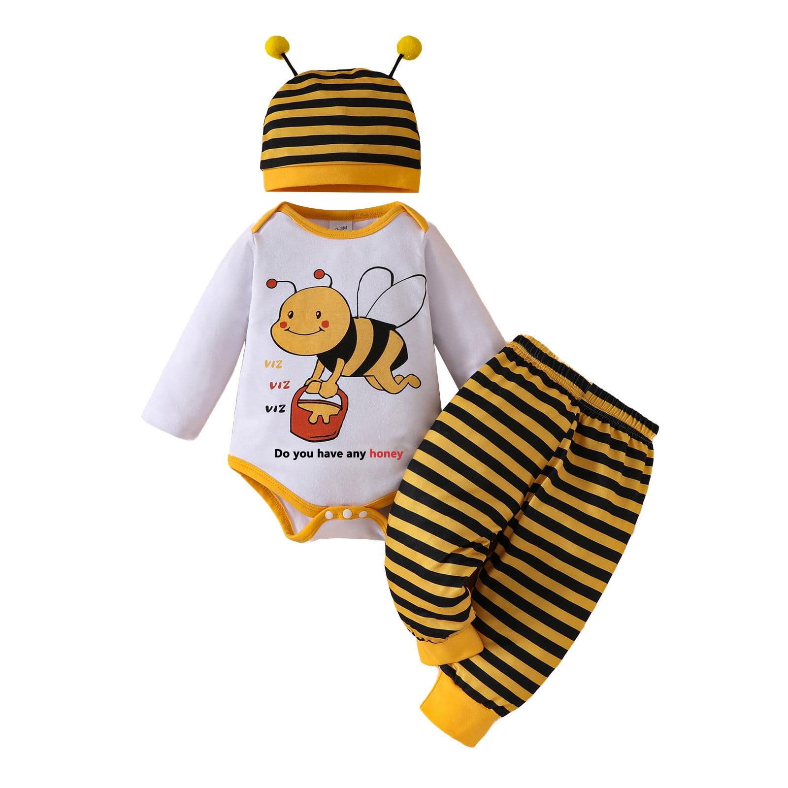 Girl Outfits Long Sleeve Cartoon Prints Bodysuit Striped Pants Hat ...