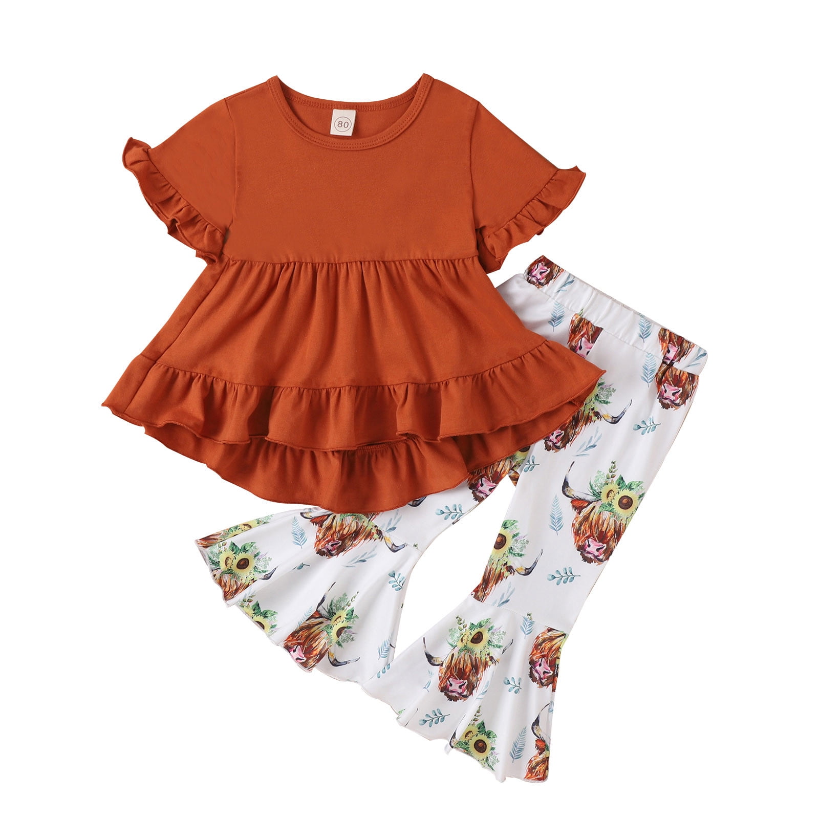 Girl Outfits Short Sleeve Ruffles Top Cartoon Prints Flare Pants ...