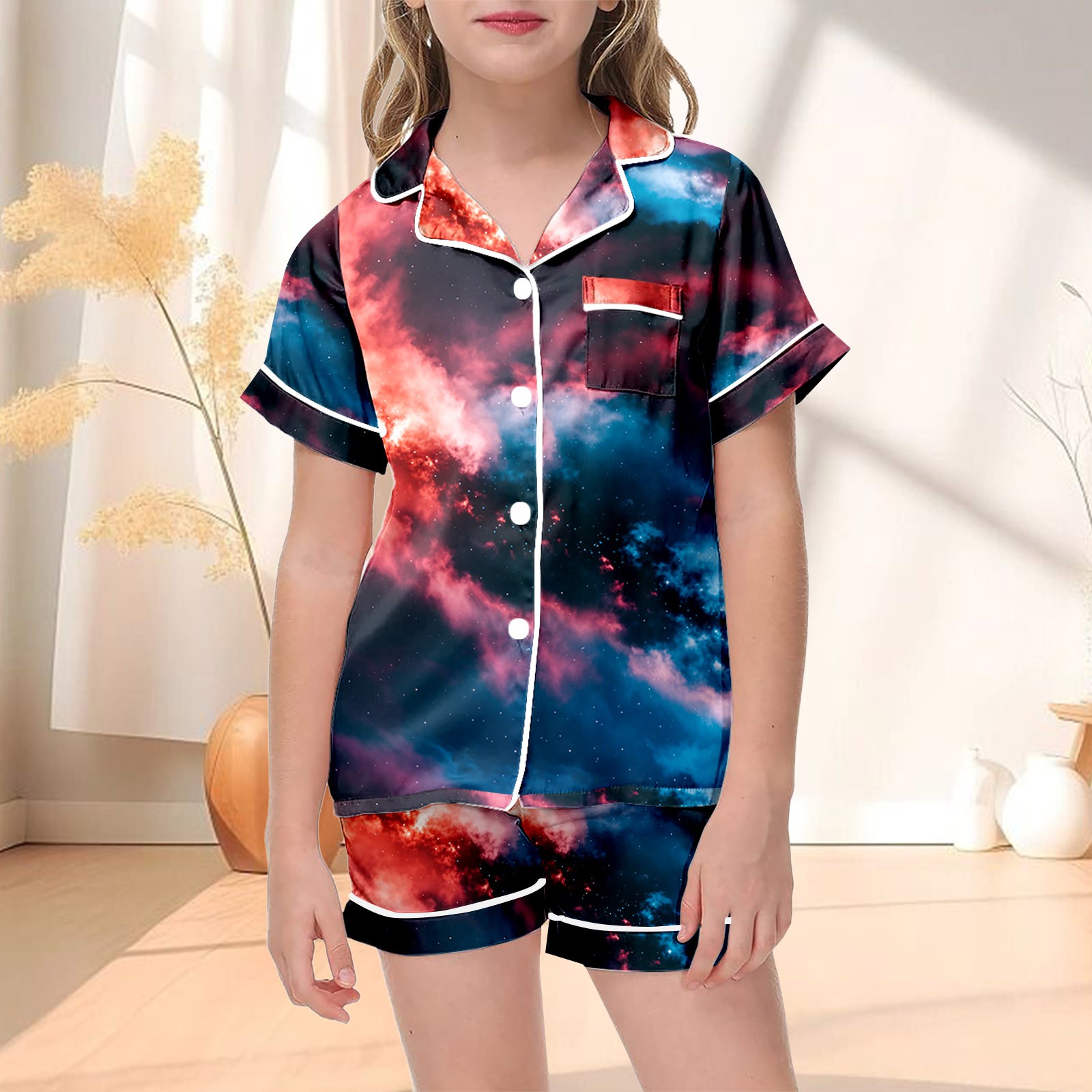 Girl Pajamas Set 3D Printing Girls Silk Pajamas Short Sleeve Button ...