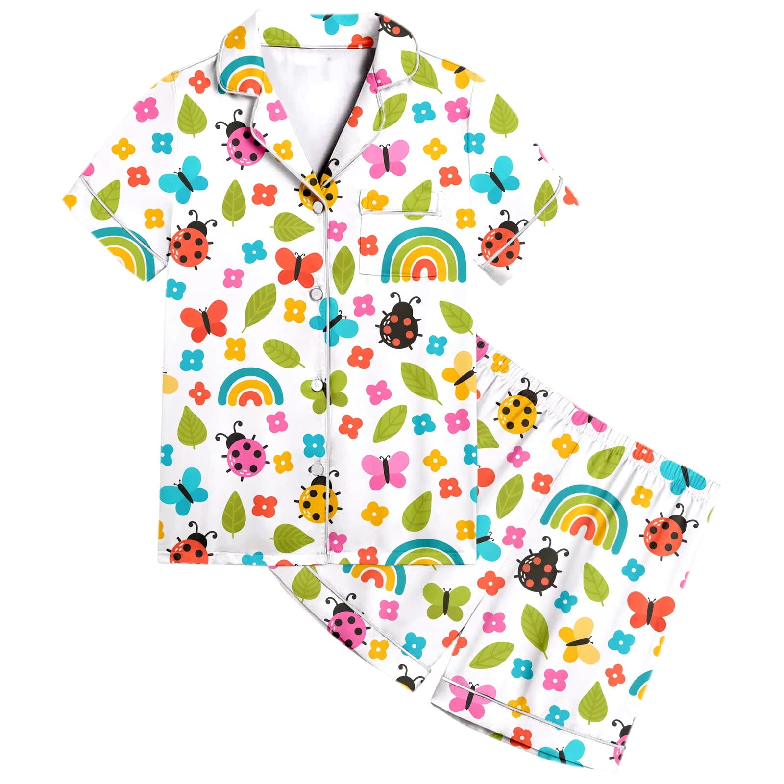 Girl Pajamas Set Silk Print Short Sleeves and Shorts Crewneck Top ...