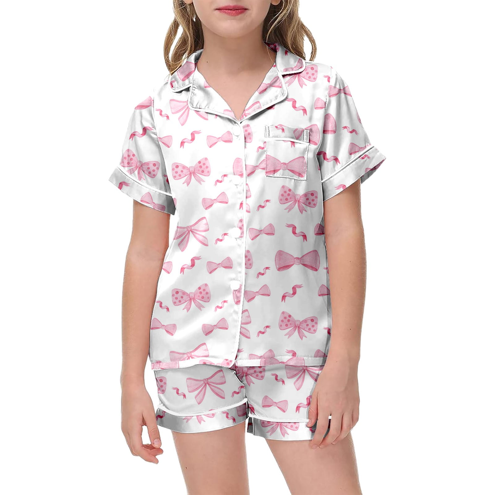 Girl Pajamas Size 8 2pcs Short Sleeve Sleepwear Silk Button-Down Pjs ...