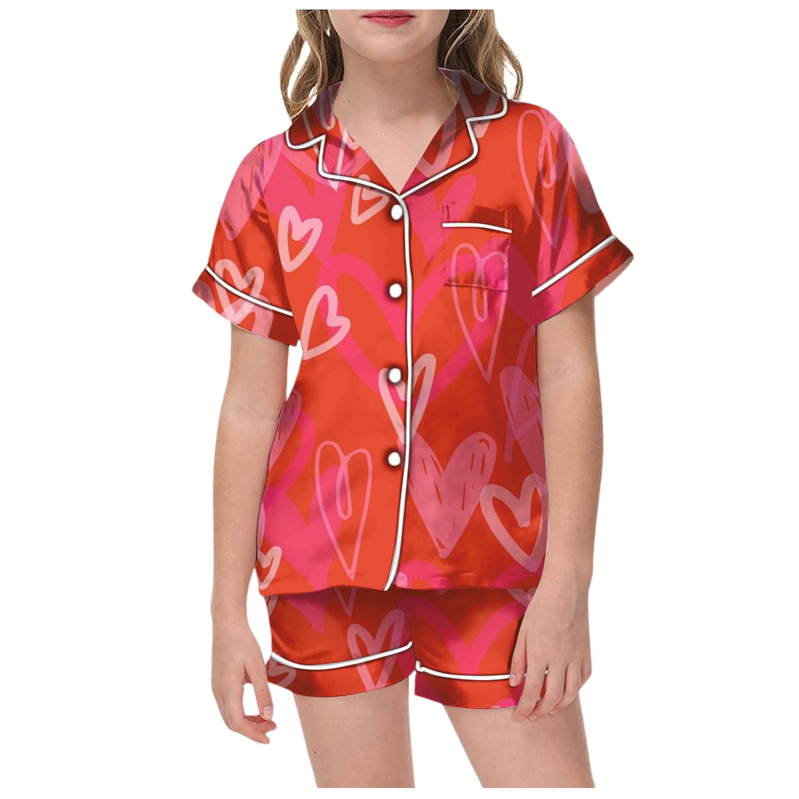 Girl Pajamas Size 8 2pcs Short Sleeve Sleepwear Silk Button-Down Pjs ...