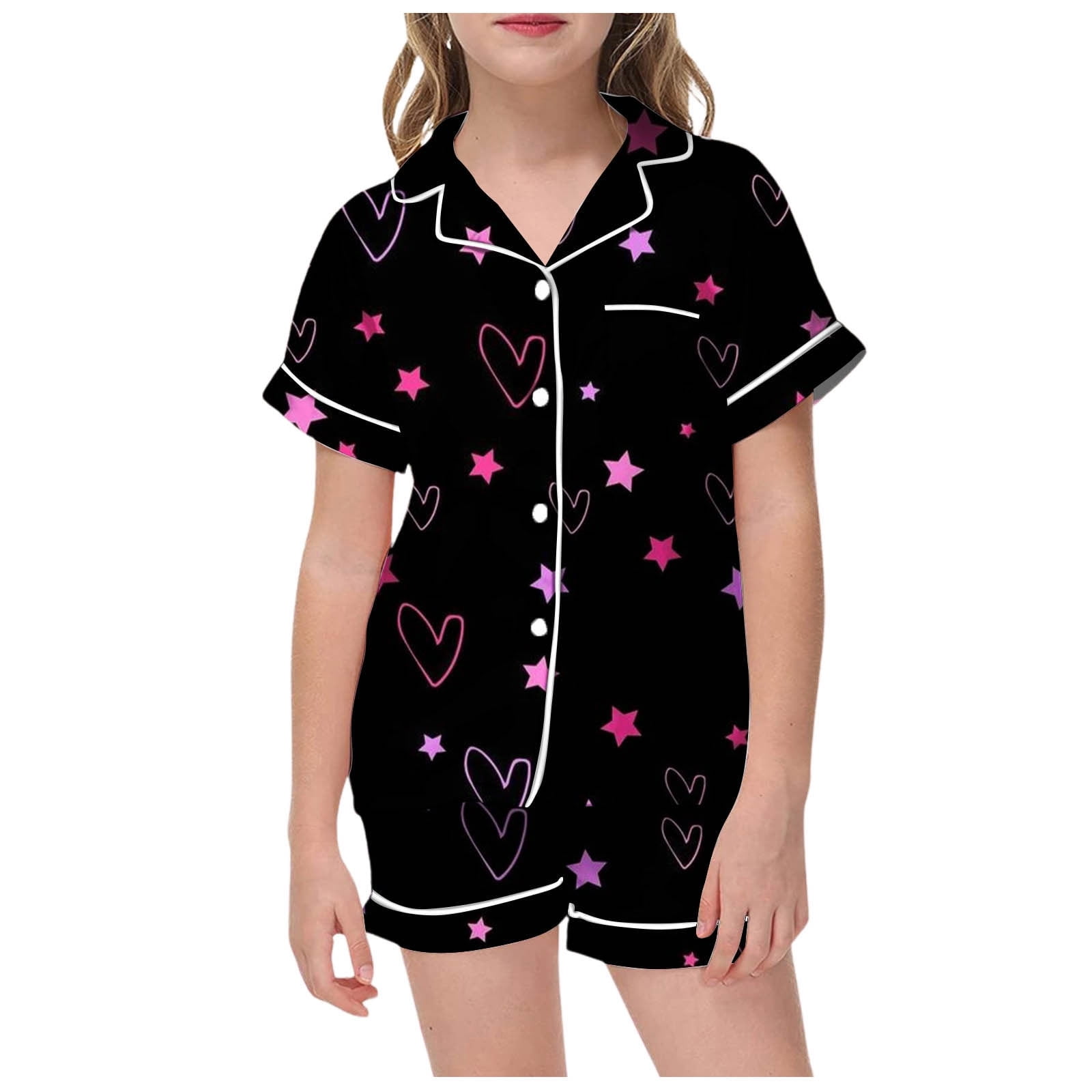 Girl Pajamas Size 8 2pcs Short Sleeve Sleepwear Silk Button-Down Pjs ...