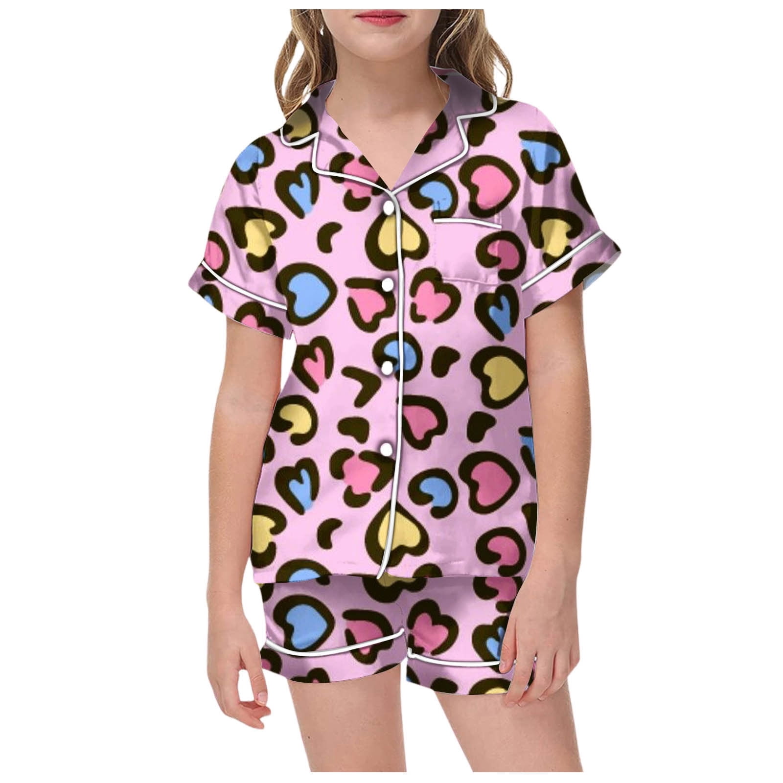 Girl Pajamas Size 8 2pcs Short Sleeve Sleepwear Silk Button-Down Pjs ...