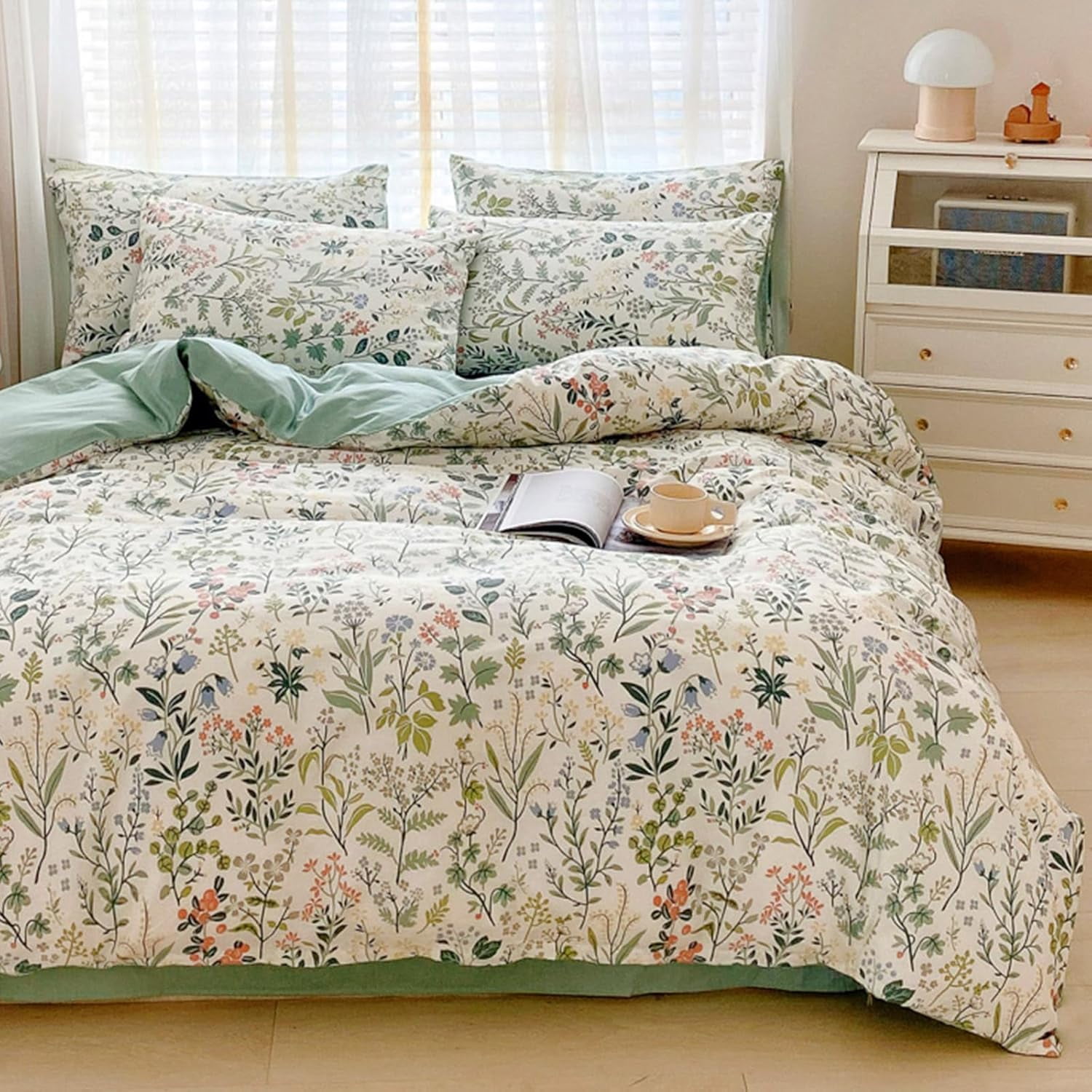 Girl Peach Green Flower Duvet Cover Full Soft Cotton Botanical Floral ...