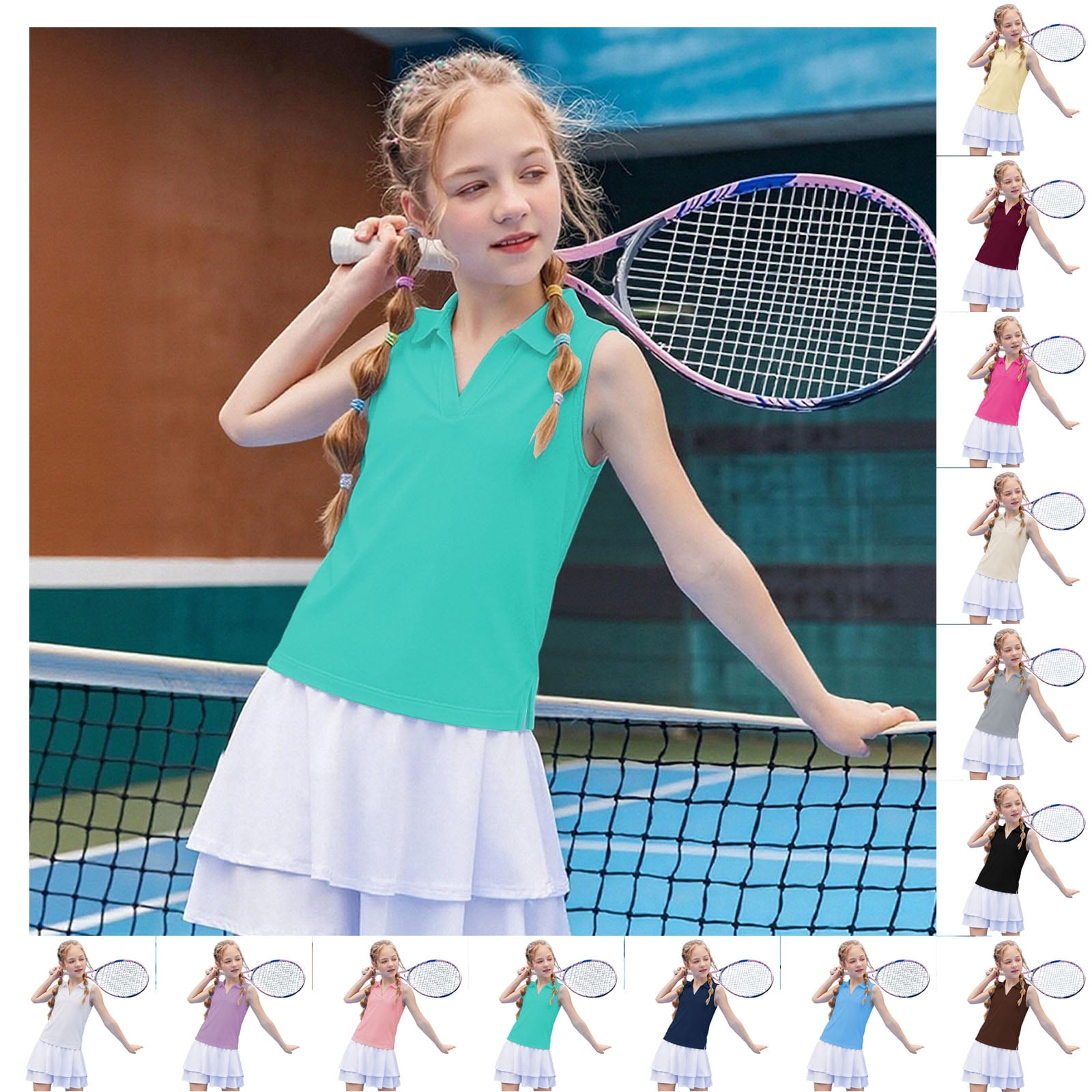 Girl Polo Shirts Sleeveless V-Neck Collared Golf Clothes Athletic Green ...