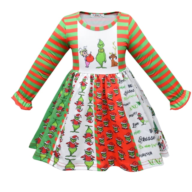 Girl Princess Grinch Dress Cartoon Short Sleeve Christmas Party Dress ...