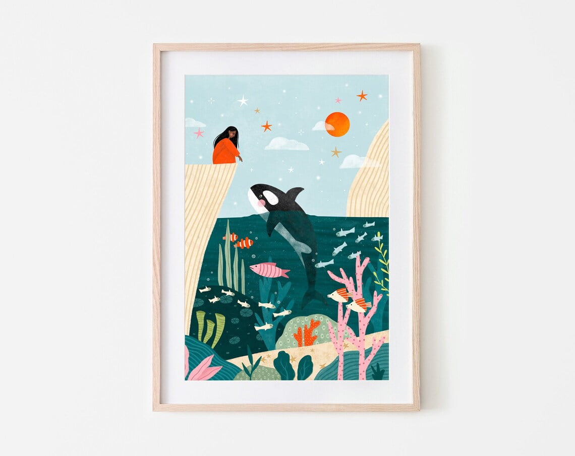 The Girl Reaching Out For The Orca, Art Print, Whale Ocean Life Art ...