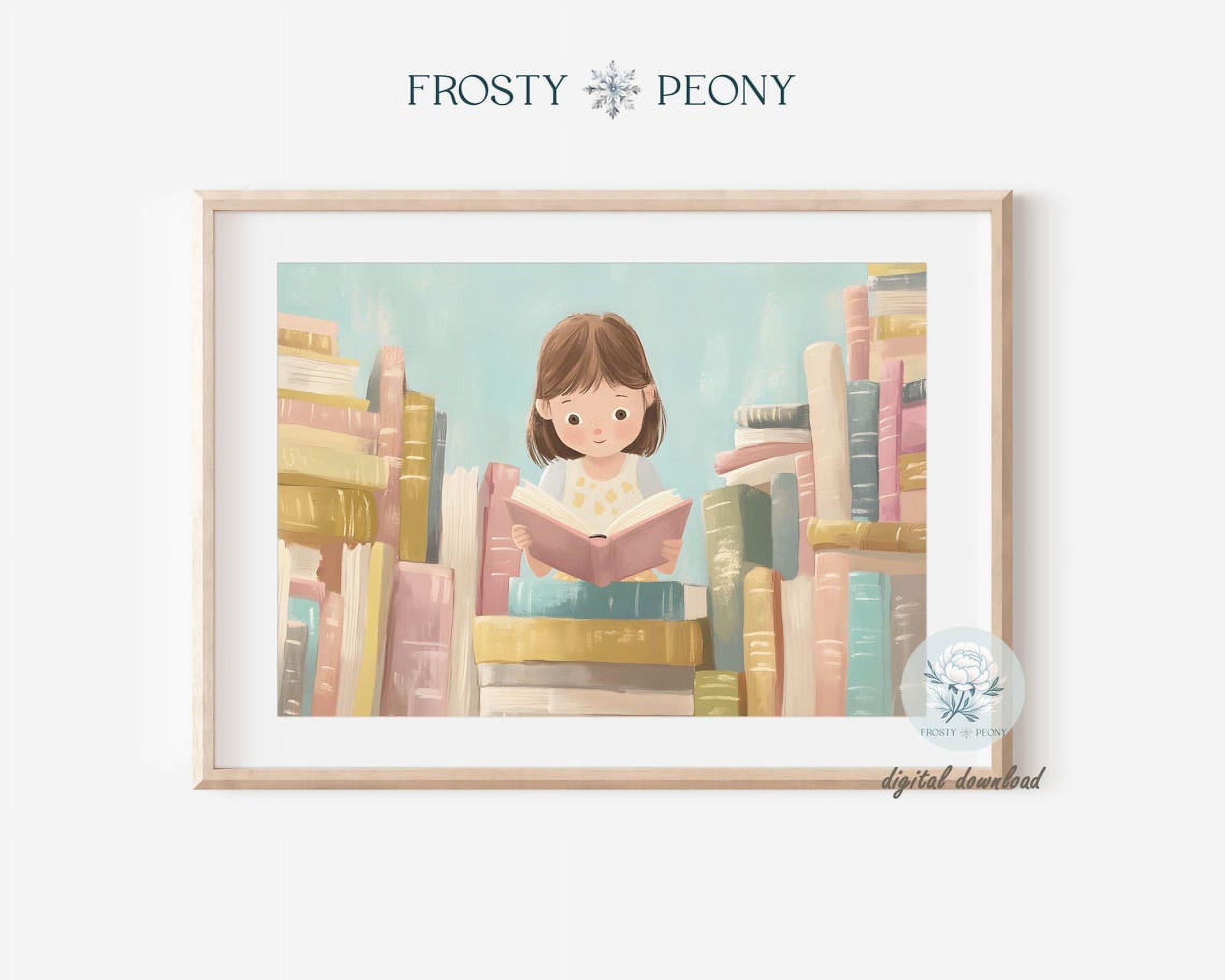 Girl Reading Atop Book Pile Art Print, Dreamy Library Wall Art ...