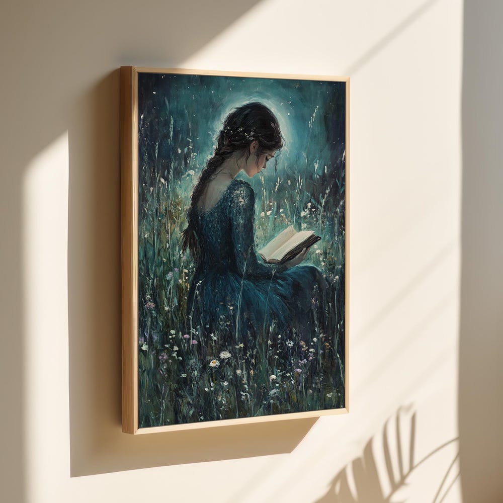 Girl Reading In Moonlit Wildflower Field Poster Wall Art - Enchanting ...