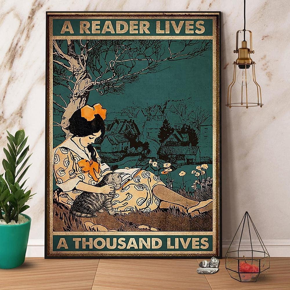 Girl Reads Book and Cat A Reader Lives A Thousand Lives Retro Metal Tin ...