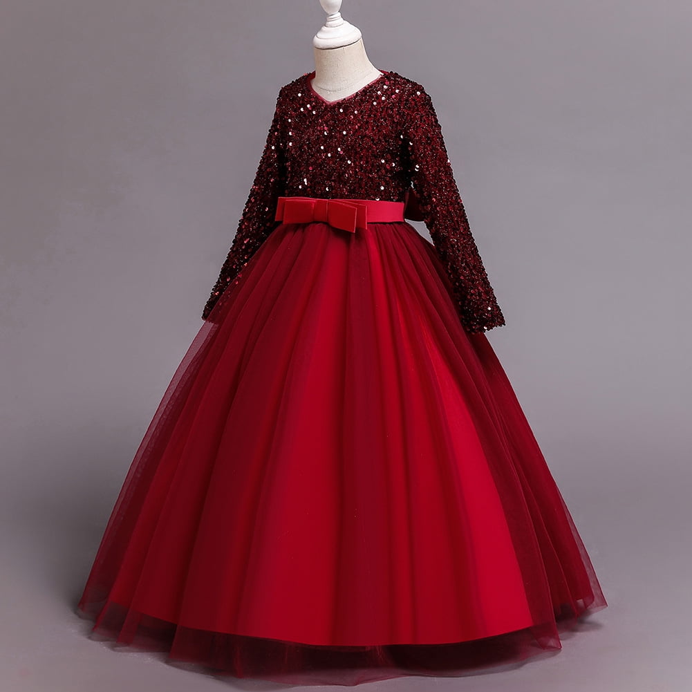 Girl Red Dress with Sleeves and Rhinestone for wedding, pageant ...