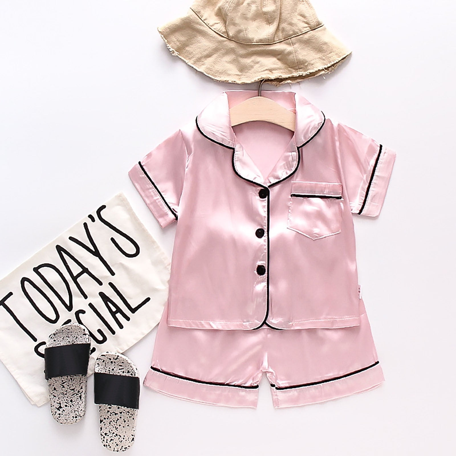 Girl Silk Pajamas Set Pink Button Down Sleepwear Set Classic Loungewear ...