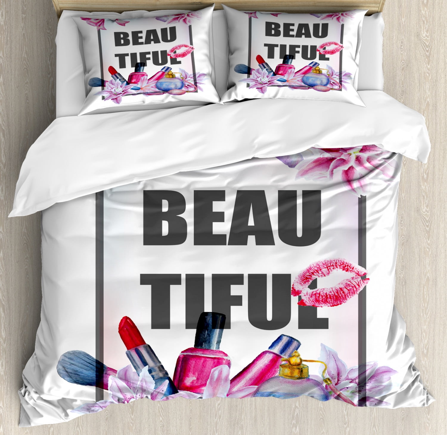 Girl Slogan Duvet Cover Set Queen Size, The Text Beautiful in a Wreath ...