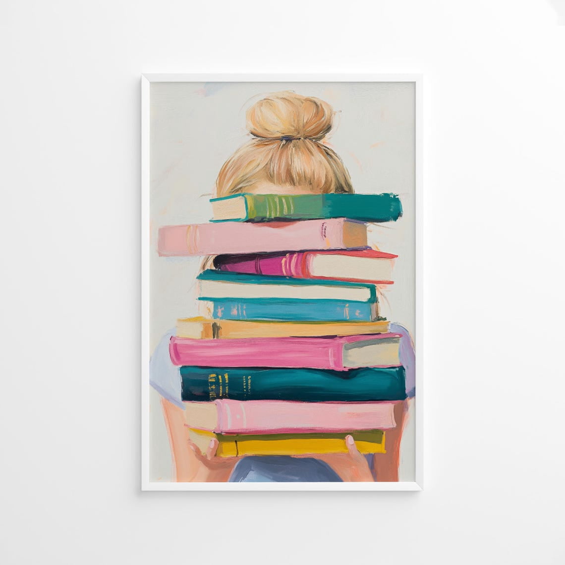 Girl With Stack Of Books Poster, Pastel Book Lover Wall Art, Cute ...